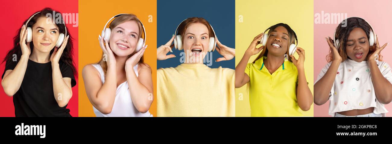 Collage of an ethnically diverse young women in headphones listening to ...