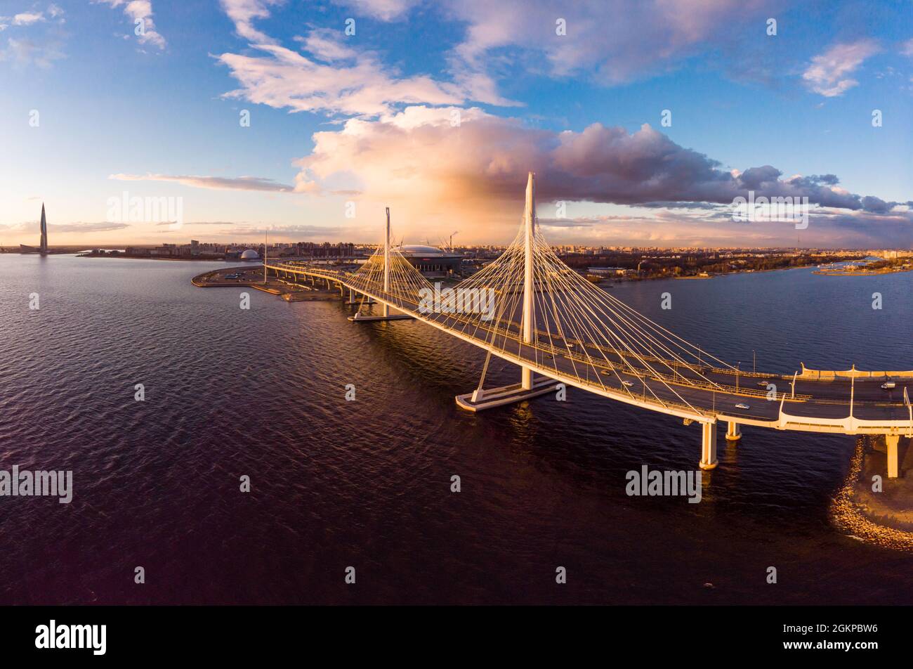 Aerial Panoramic view to evening St. Petersburg and Cable-stayed bridge ...
