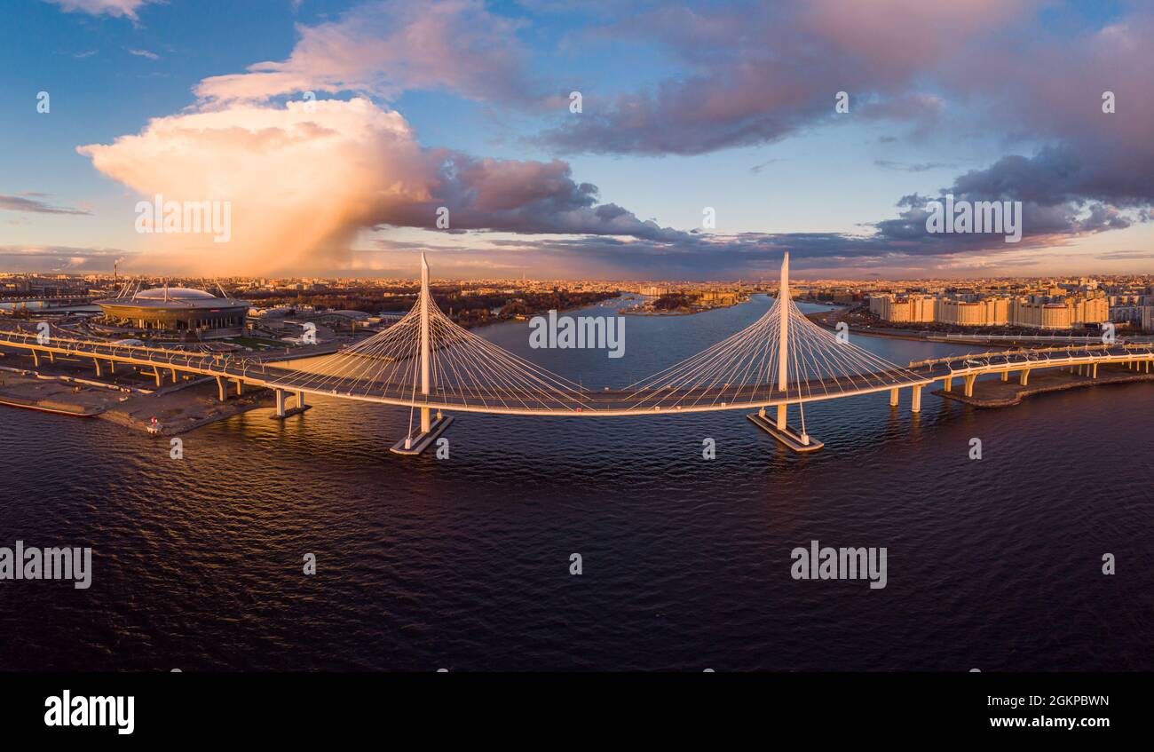 Aerial Panoramic view to evening St. Petersburg and Cable-stayed bridge ...