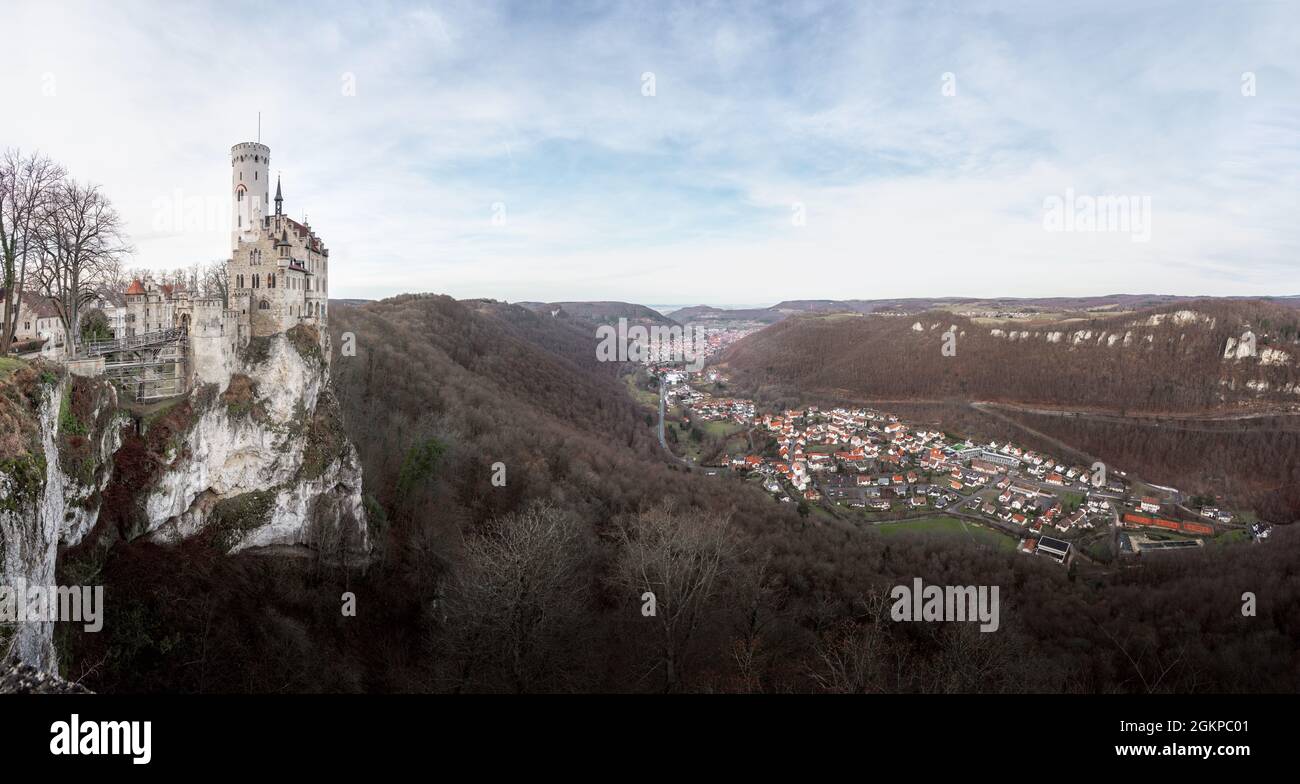 Panoramic view of Lichtenstein Castle and Echaz valley with towns of ...