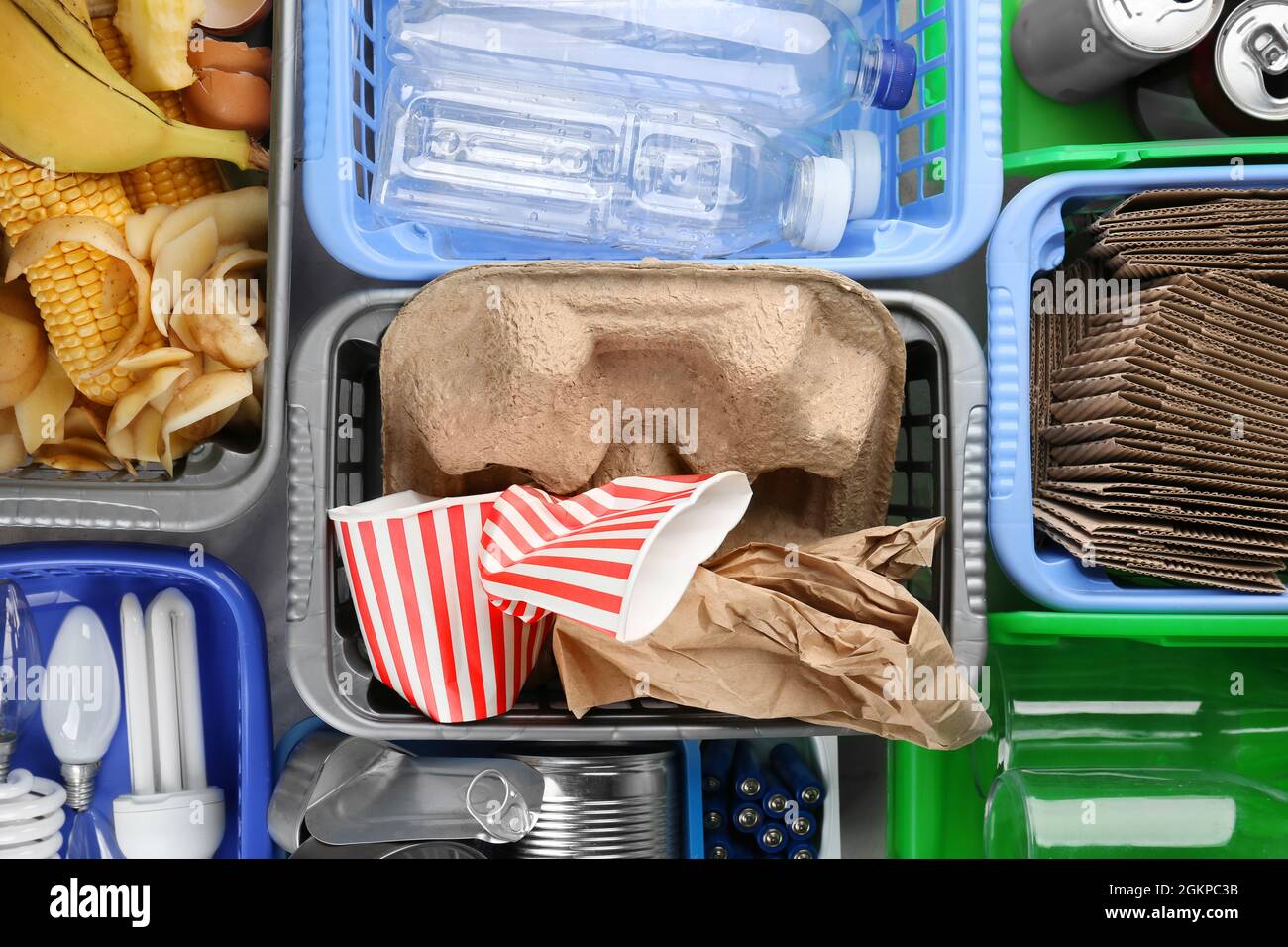 Many containers with garbage, top view Stock Photo - Alamy