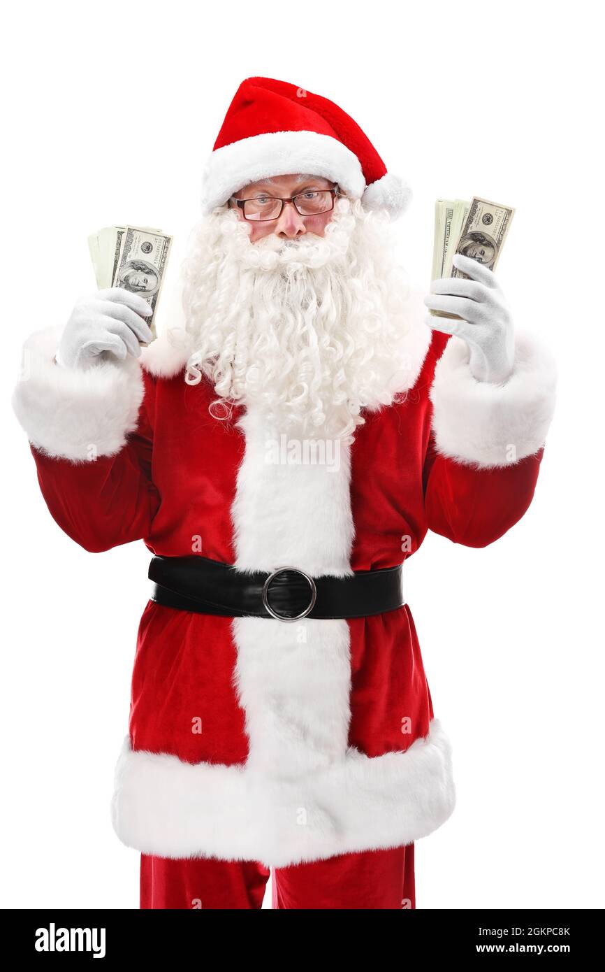 Santa Claus holding money on white background Stock Photo - Alamy