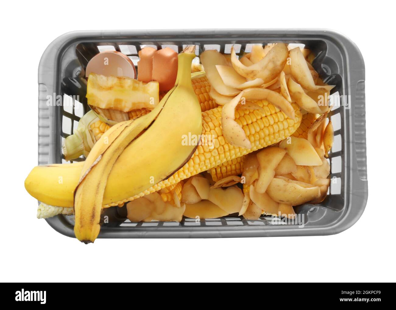 Plastic container with food waste on white background Stock Photo - Alamy