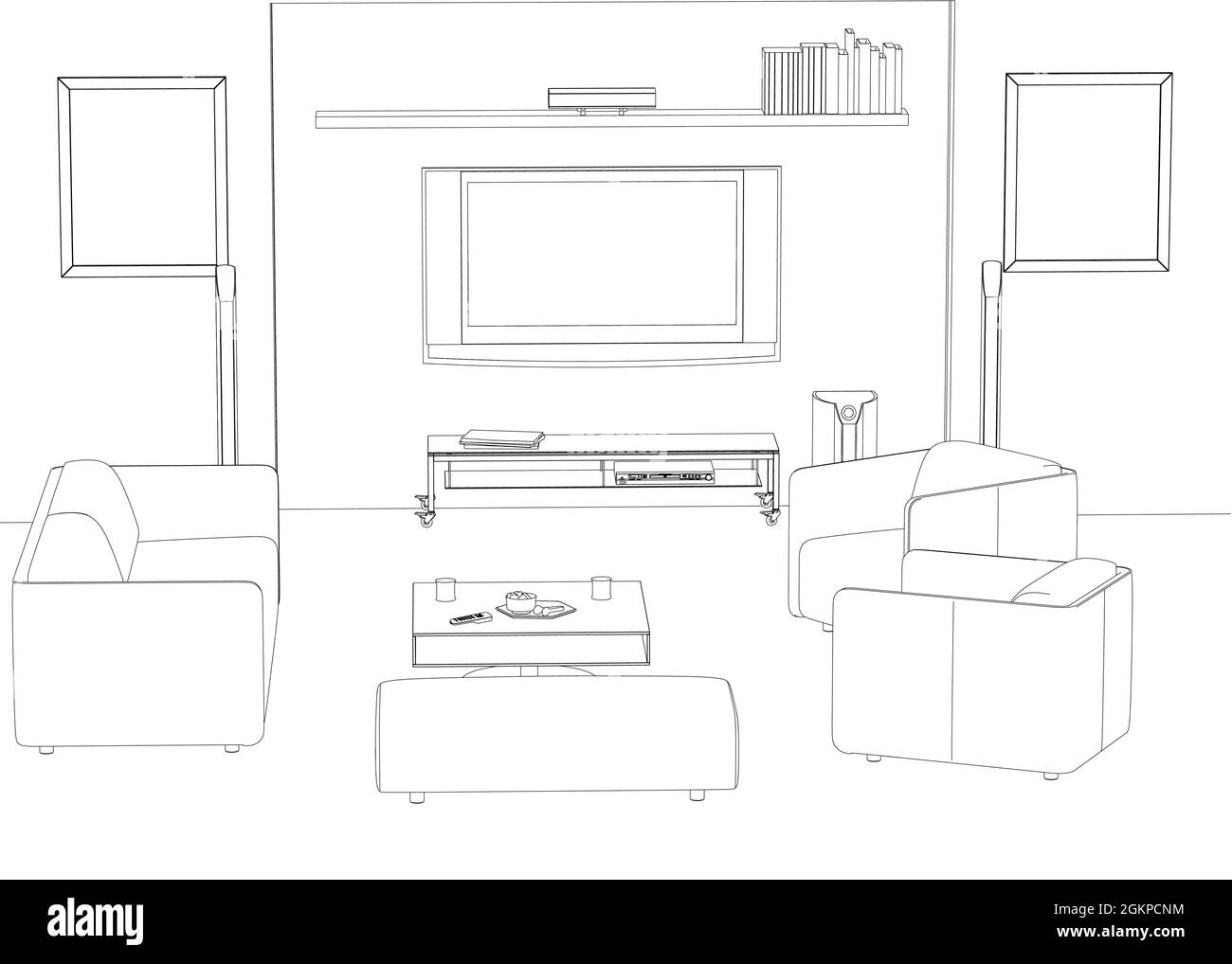 Interior outline with armchairs, sofa, table and TV. Guest room for ...