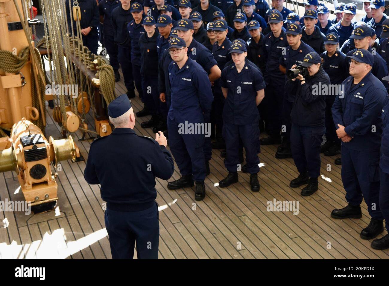 Vice Adm. Steven Poulin, commander U.S. Coast Guard Atlantic Area, addresses the crew of USCGC ...
