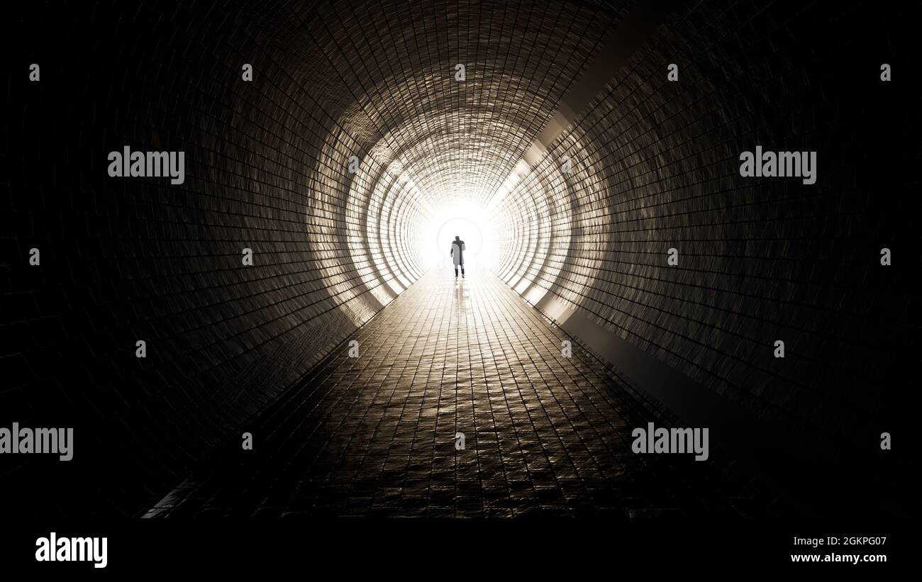 Concept or conceptual dark tunnel with a bright light at the end or exit as metaphor to success ...