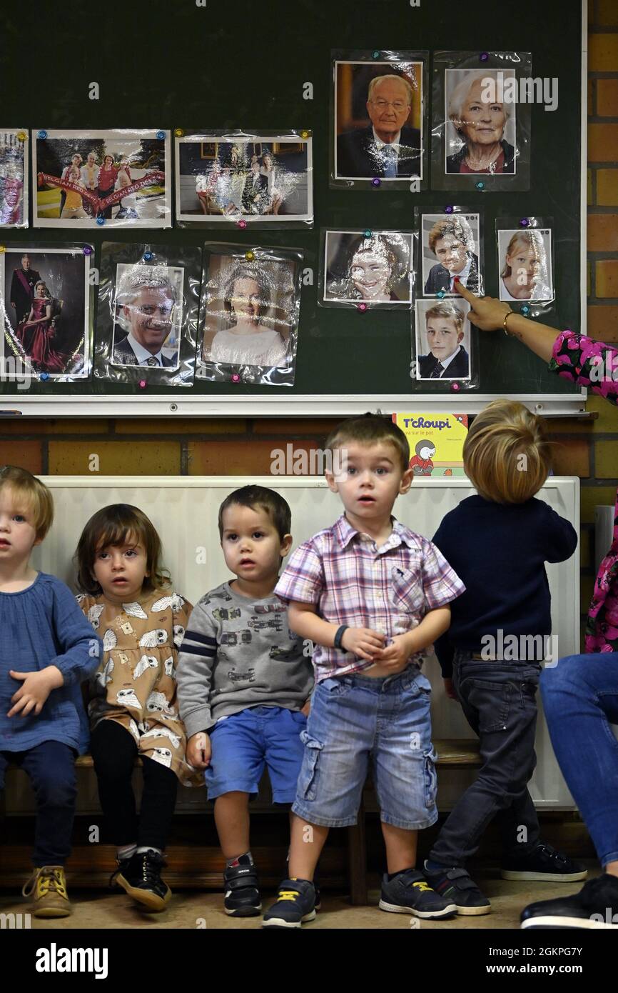 Illustration shows kids in a classroom during a royal visit to the ...