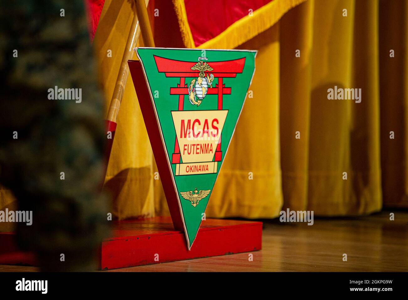 The Marine Corps Air Station (MCAS) Futenma emblem is displayed at the ...