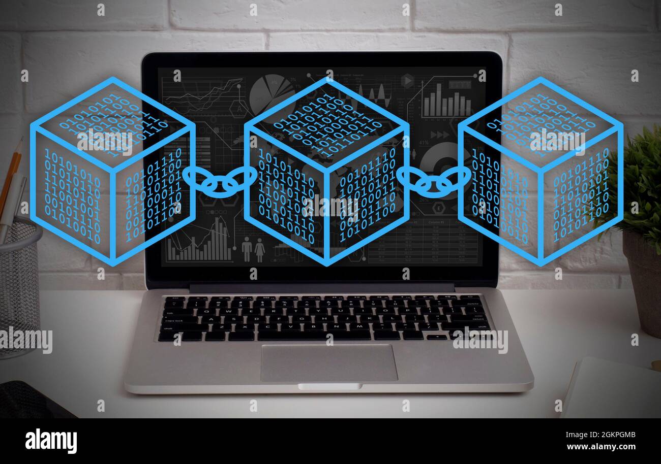 Laptop with digital charts on screen, double exposure, circuit and ...