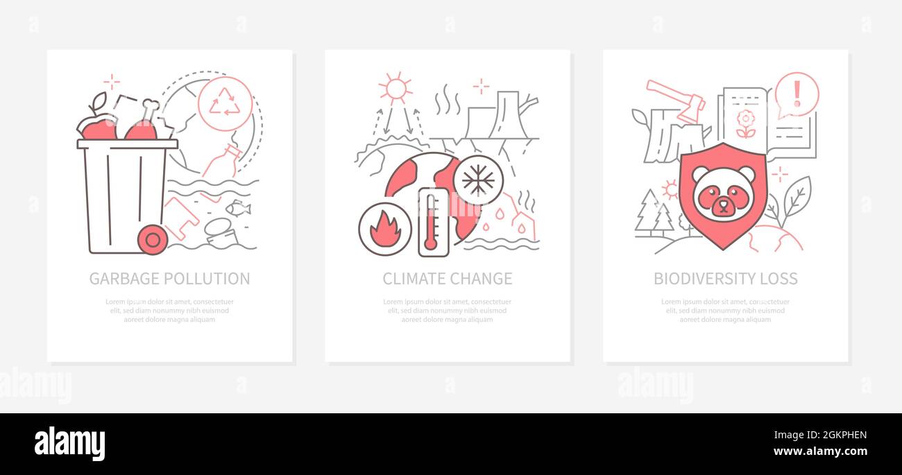 Global problems - three banners in line design style on white ...