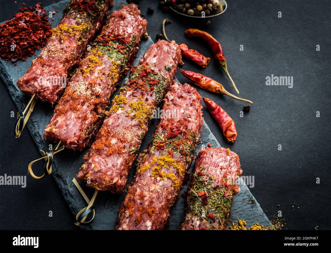 Raw kebab with spices Stock Photo - Alamy