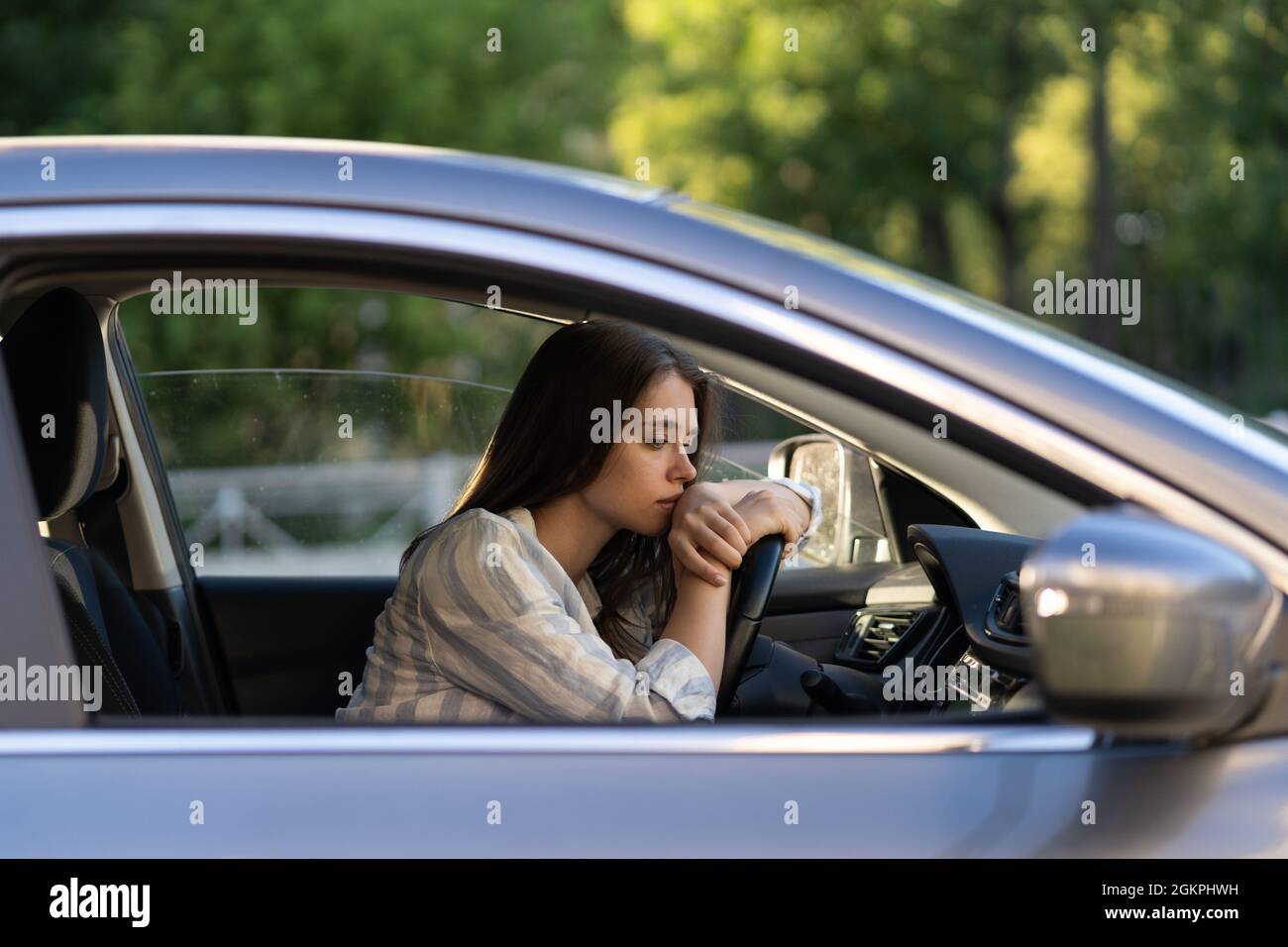 Girl driver feeling doubtful confused about difficult decision ...