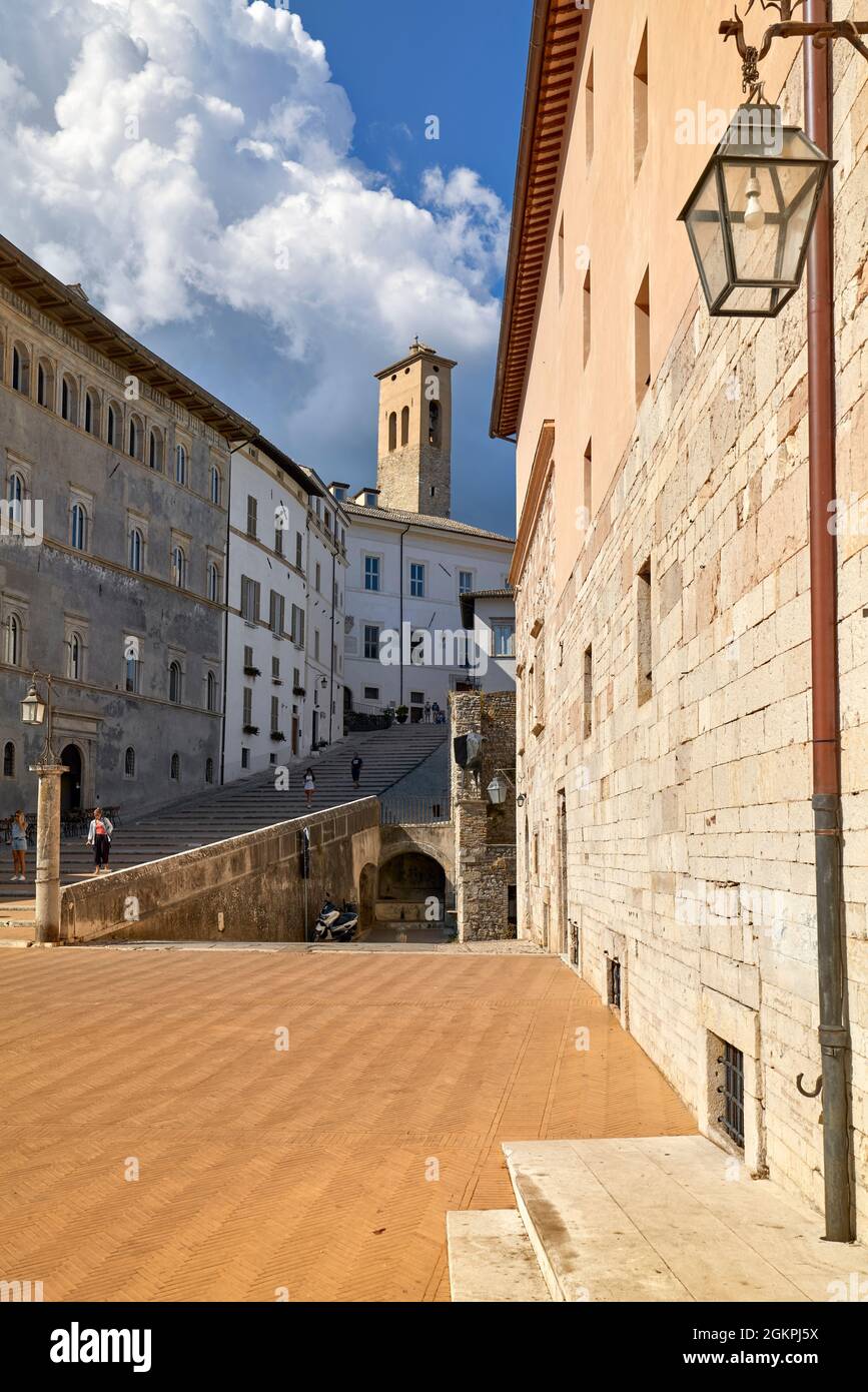 Spoleto Umbria Italy. Piazza del Duomo, the theatre and Chiesa di Sant ...