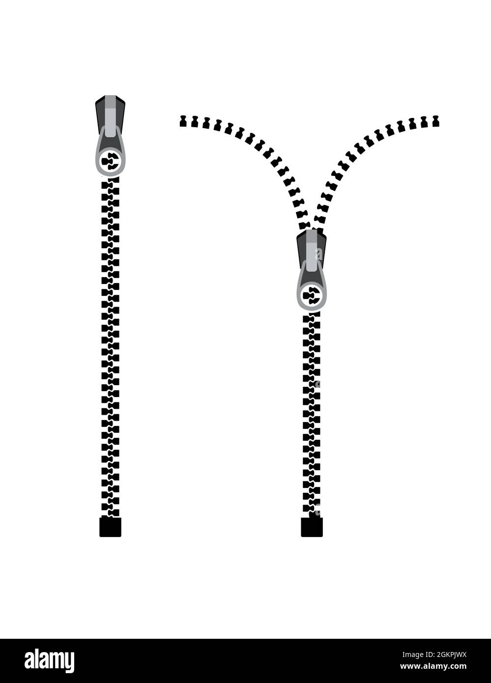 Open zipper teeth metal fastener isolated illustration. Unzip sewing black lock plastic zip ...