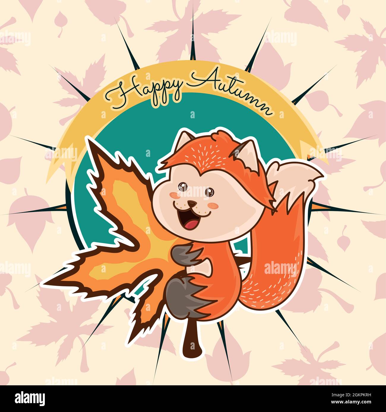 Happy fox hugging a leaf Happy autumn image Stock Vector Image & Art ...