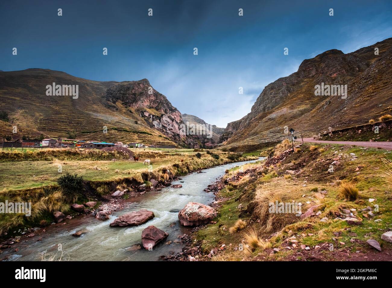 Landscape of rocky Peruvian mountains and river Stock Photo - Alamy