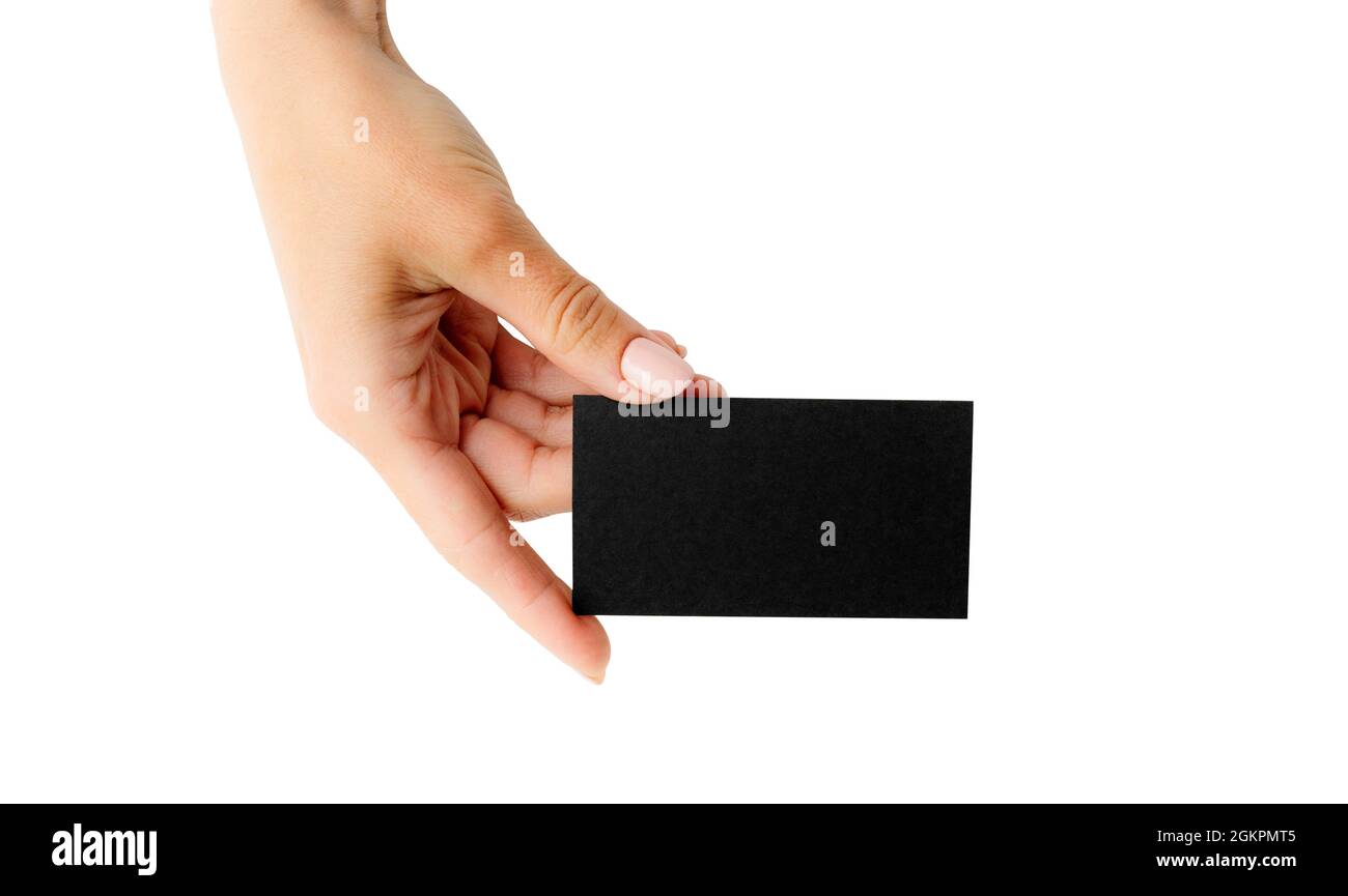 Black business card in girl hand Stock Photo - Alamy
