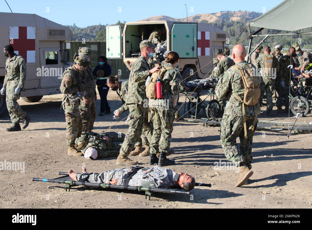 A casualty receiving team accepts simulated patients at a field ...