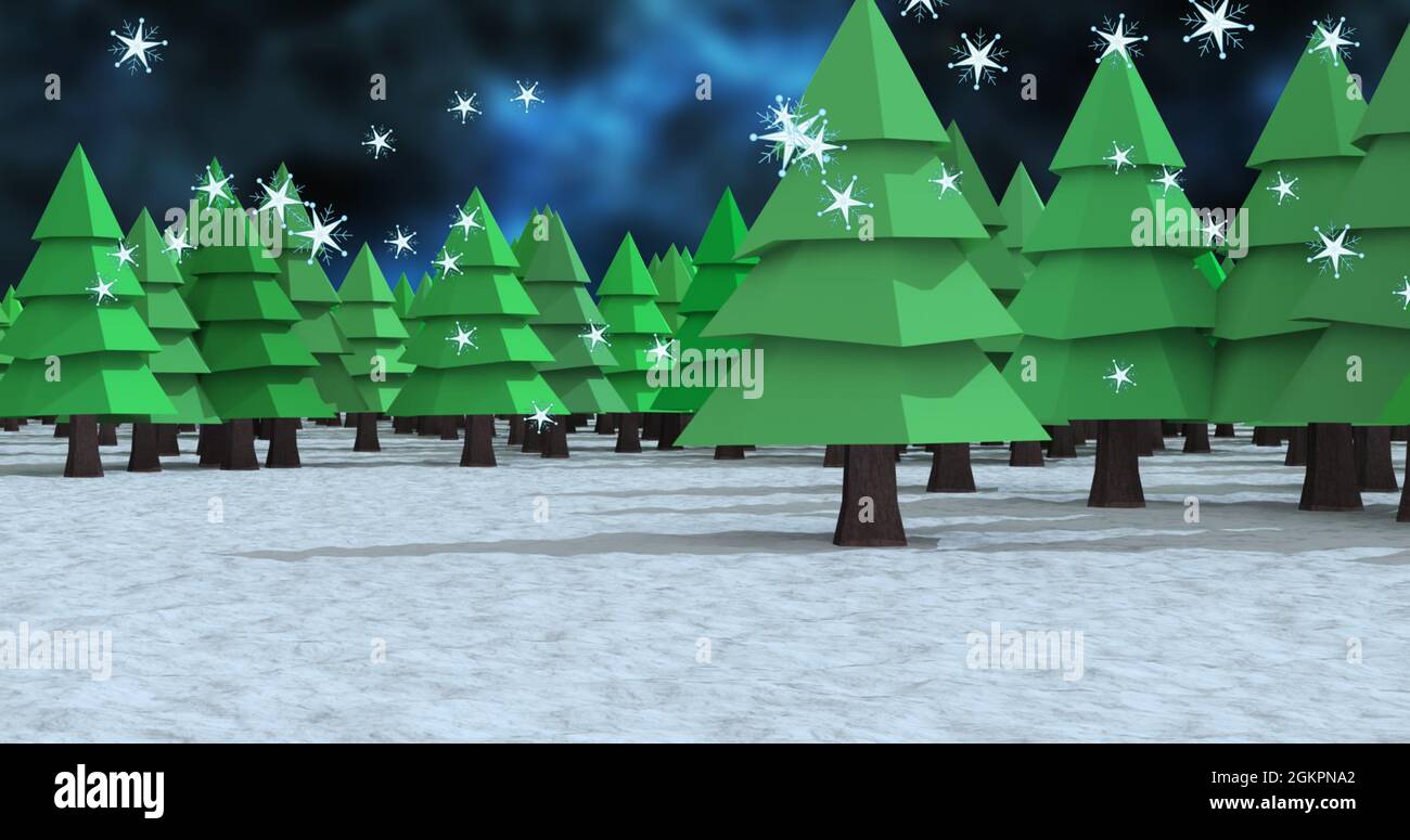 Digital image of multiple stars falling against row of trees on winter ...