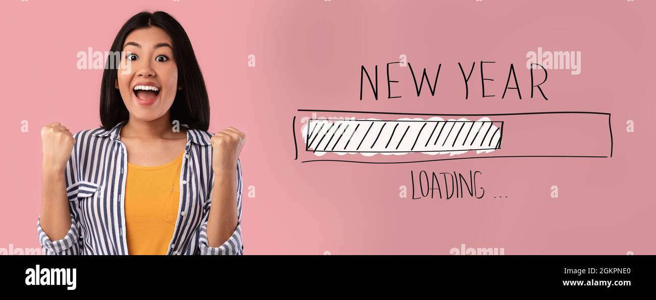 Excited young Asian woman making YES gesture, cannot wait for New Year ...