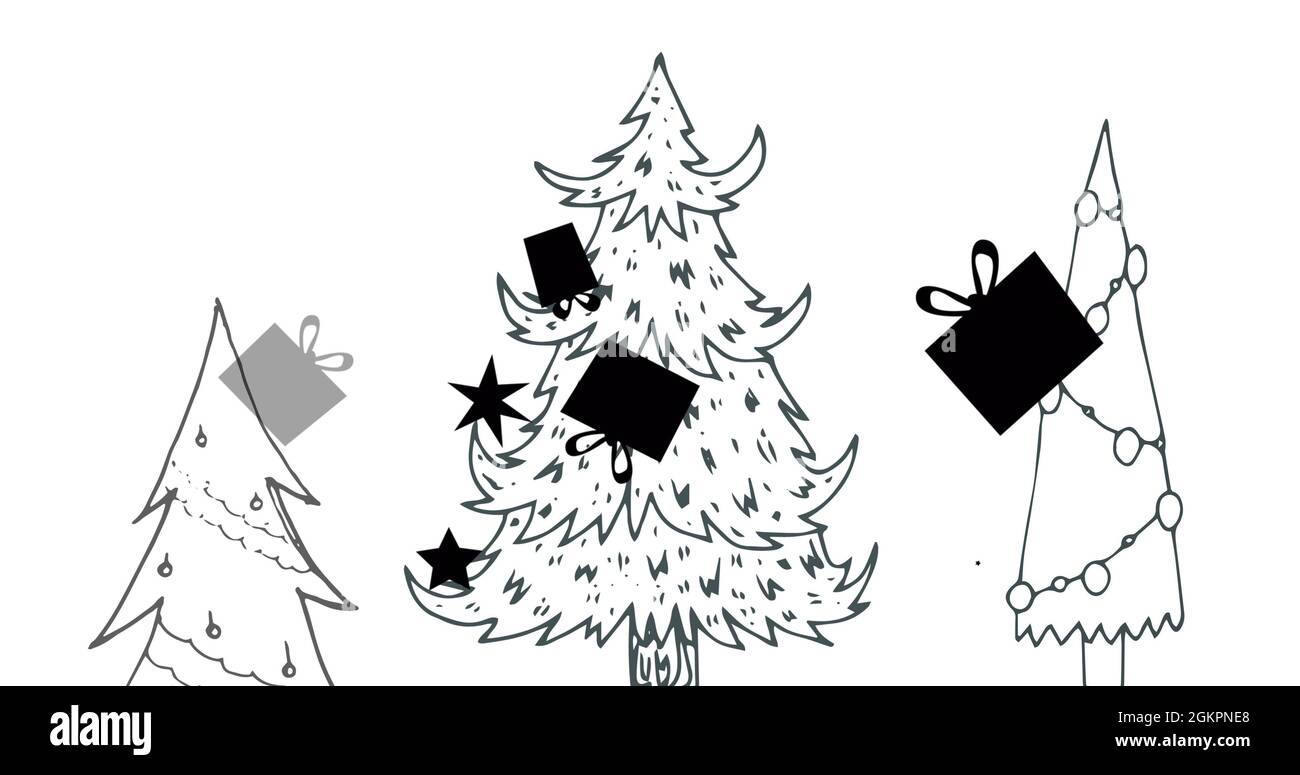 Digital image of gift boxes moving over three christmas trees against ...