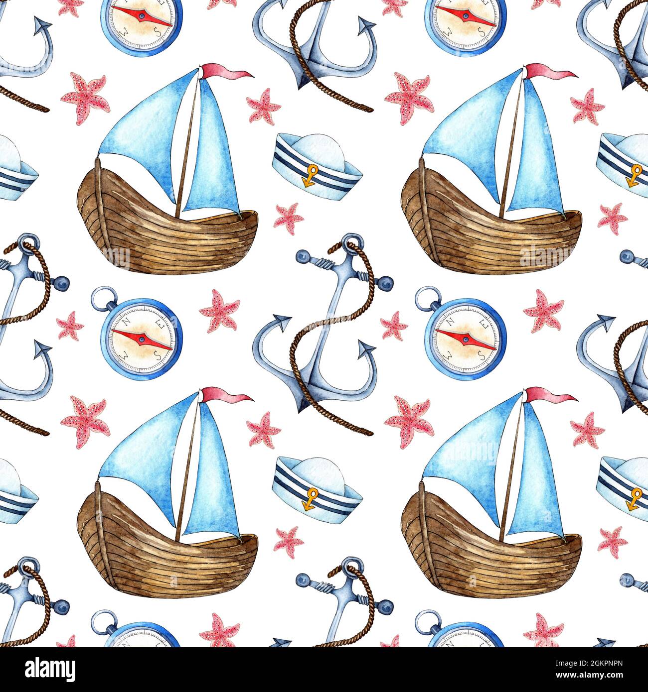 Watercolor painting pattern sailboat, anchor, compass, peakless cap and ...