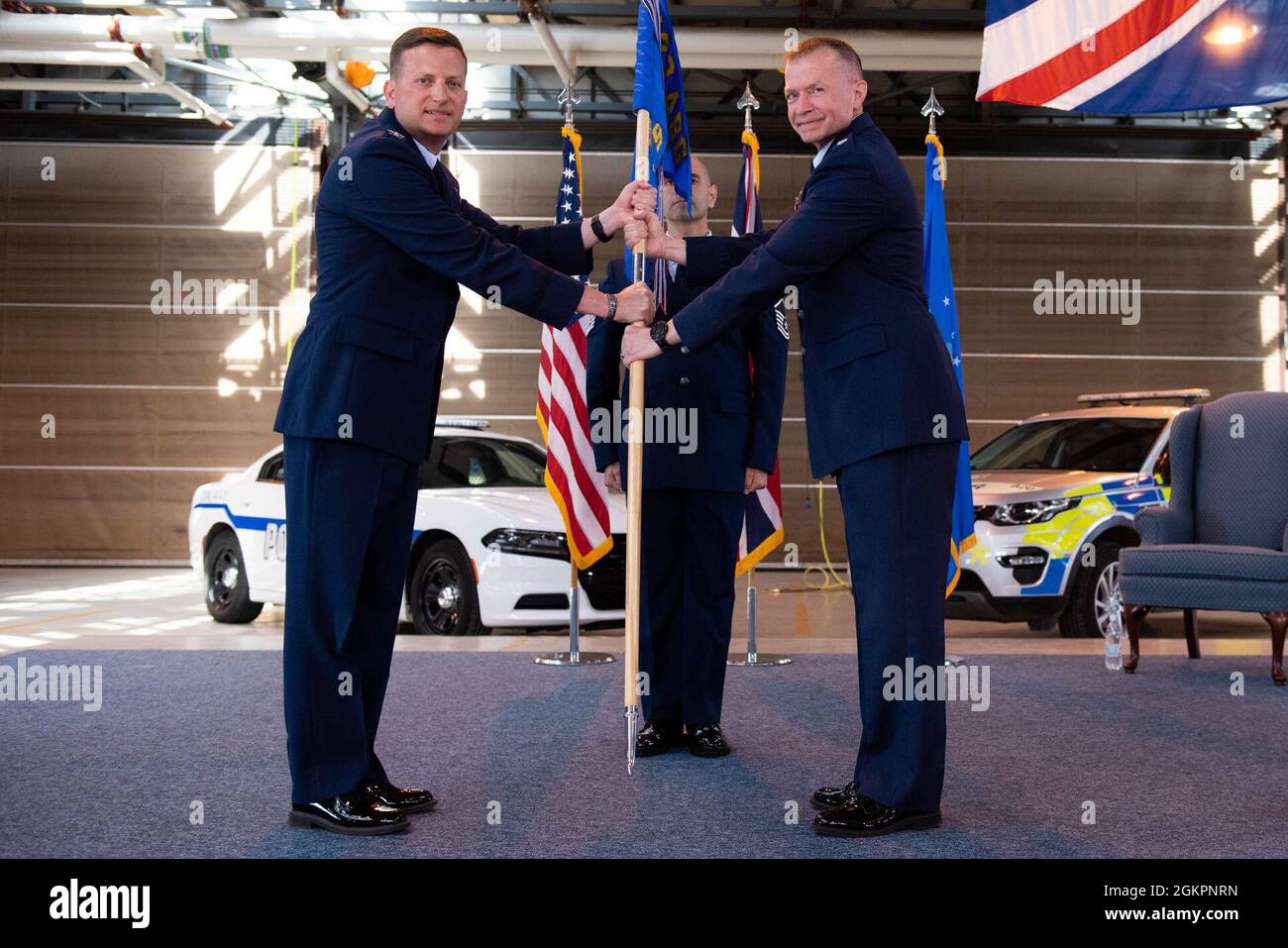 U.S. Air Force Lt. Col. Brian Mack, right, 423rd Security Forces Squadron outgoing commander ...