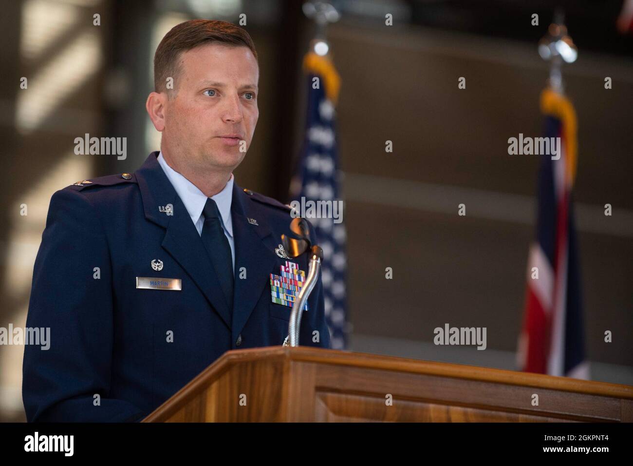 U.S. Air Force Col. Richard Martin, 423rd Air Base Group commander, speaks during a 423rd ...