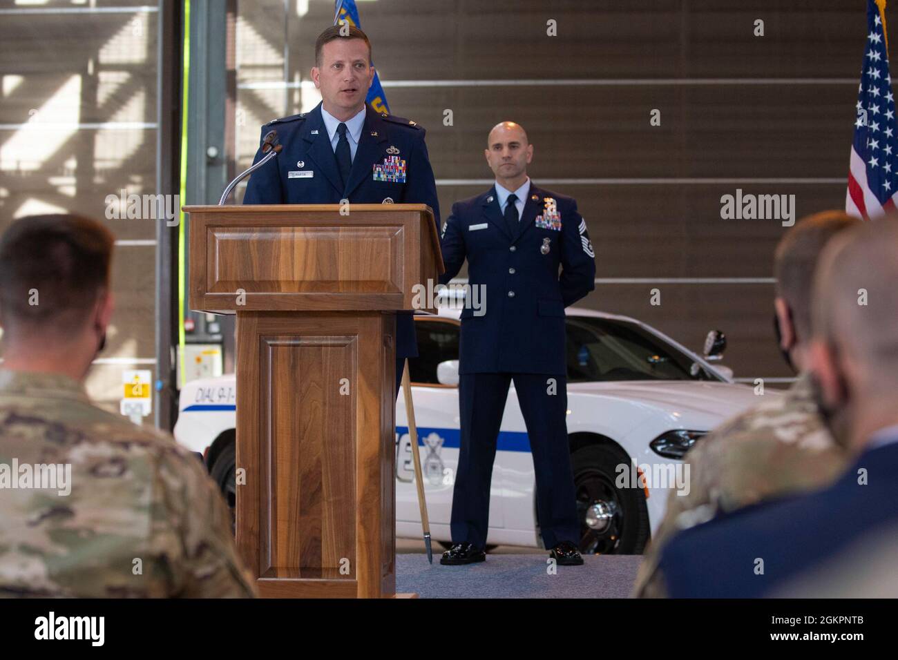 U.S. Air Force Col. Richard Martin, 423rd Air Base Group commander, speaks during a 423rd ...