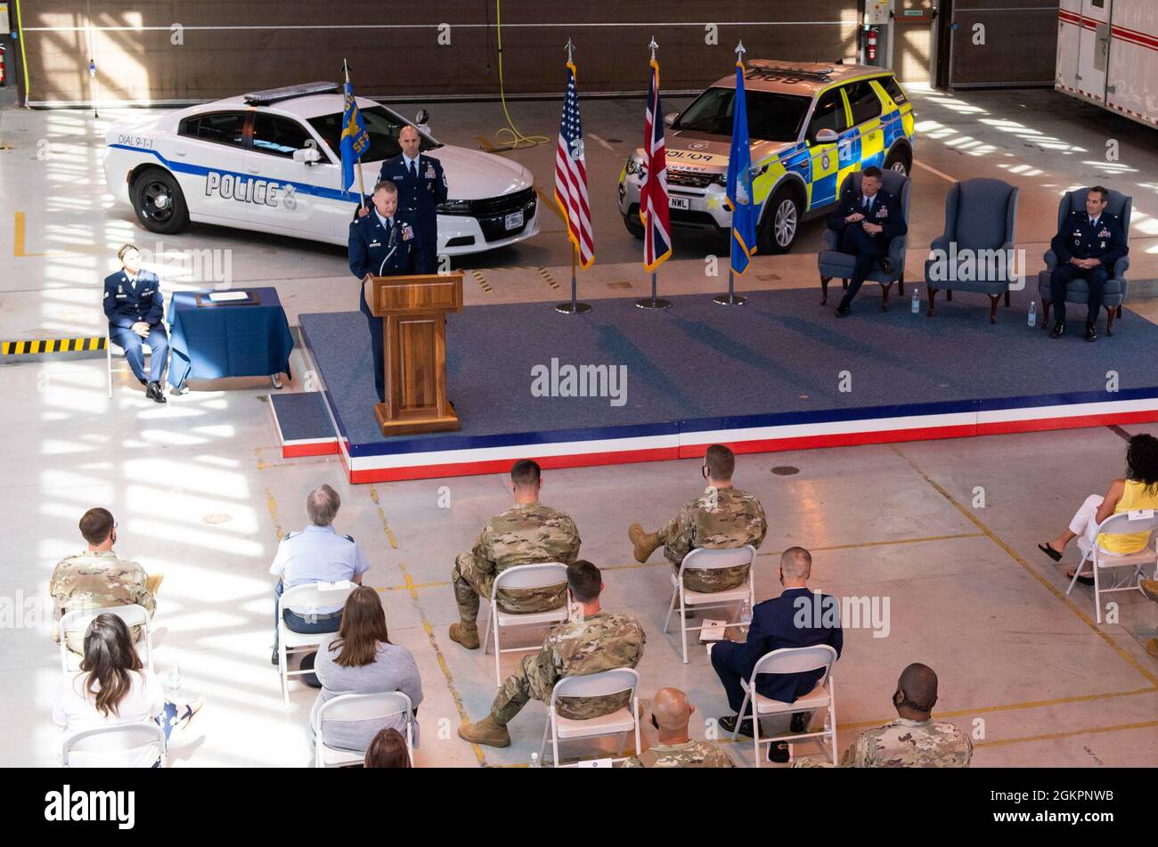 U.S. Air Force Lt. Col. Brian Mack, 423rd Security Forces Squadron outgoing commander, speaks ...