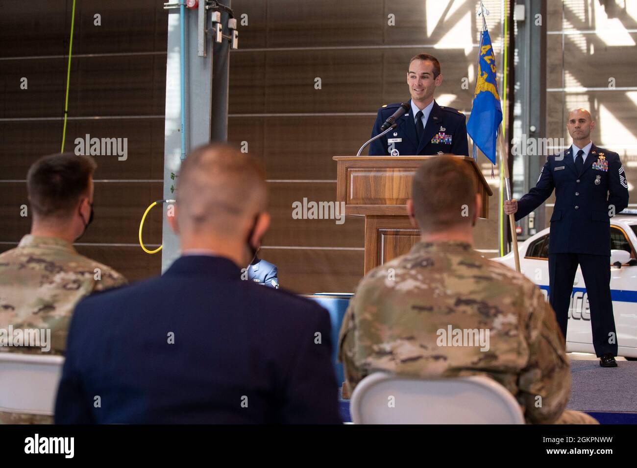 U.S. Air Force Maj. Daniel Merkh, 423rd Security Forces Squadron incoming commander, speaks ...
