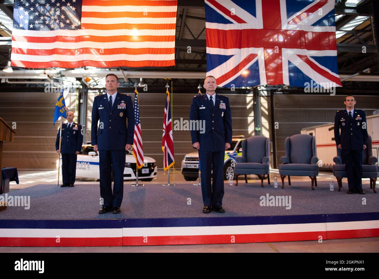 U.S. Air Force Lt. Col. Brian Mack, right, 423rd Security Forces Squadron outgoing commander ...