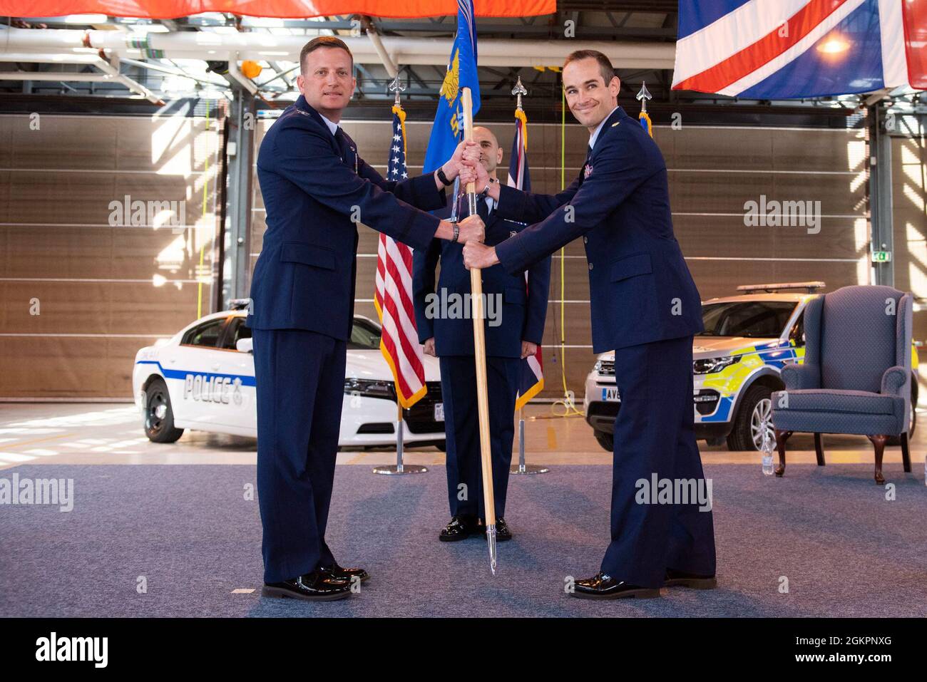 U.S. Air Force Maj. Daniel Merkh, right, 423rd Security Forces Squadron incoming commander ...