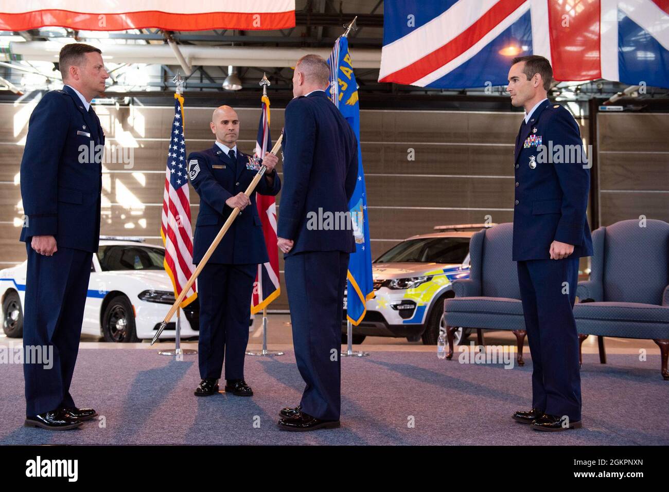 U.S. Air Force Lt. Col. Brian Mack, center, 423rd Security Forces Squadron outgoing commander ...