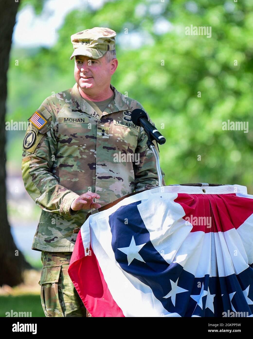 Incoming Maj. Gen. Chris Mohan provides remarks during the U.S. Army ...
