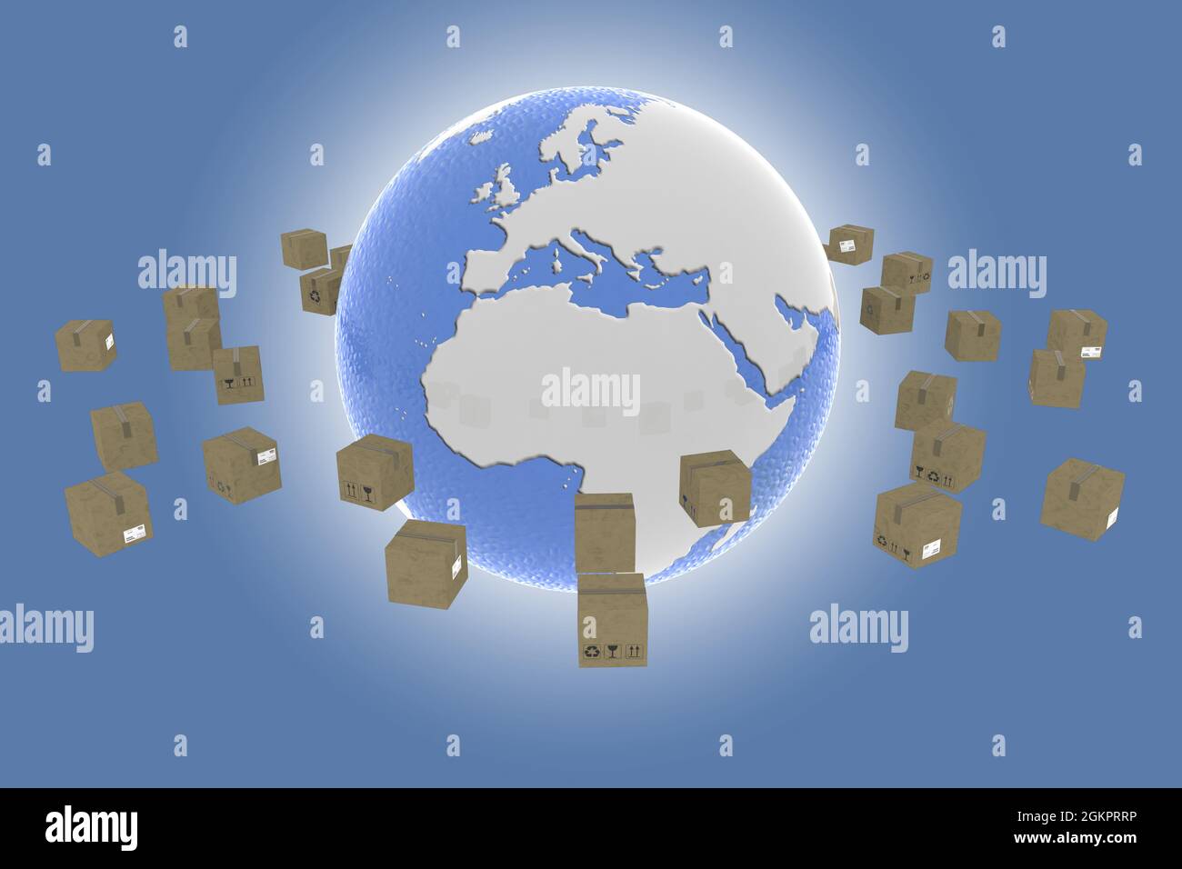 3D illustration. Shipping around the world. Parcels rotate around the ...