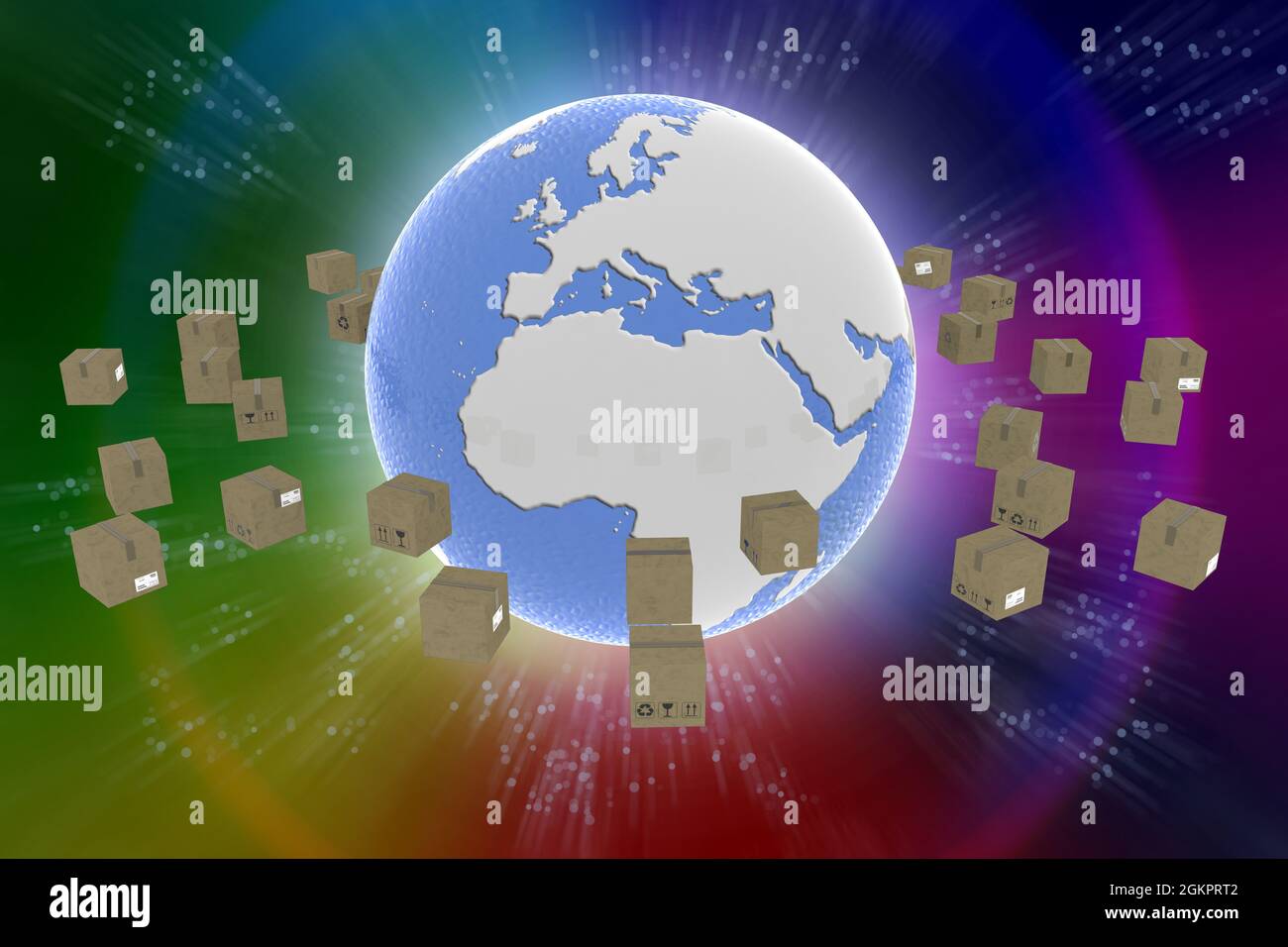 3D illustration. Shipping around the world. Parcels rotate around the ...