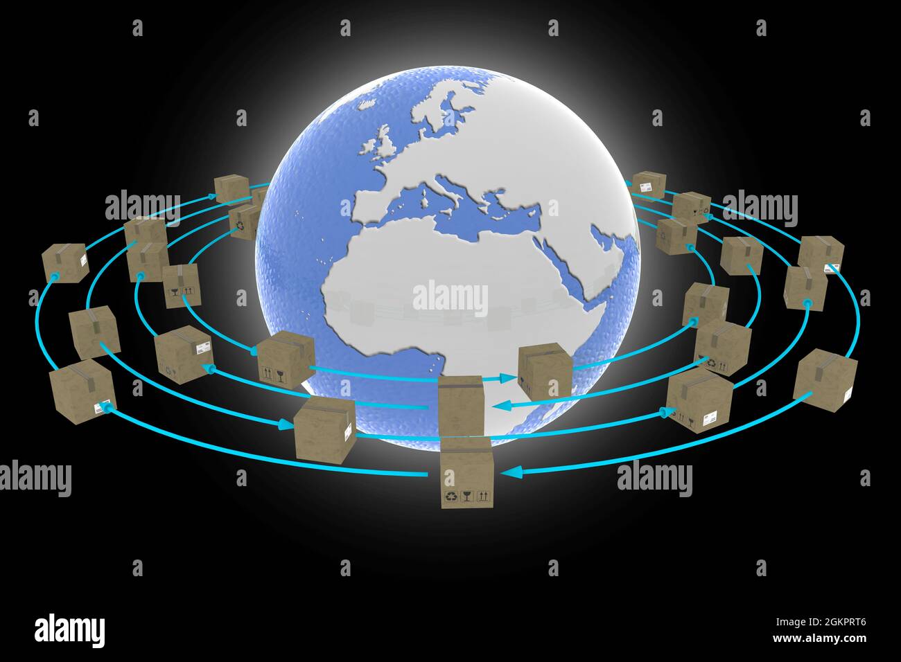 3D illustration. Shipping around the world. Parcels rotate around the ...