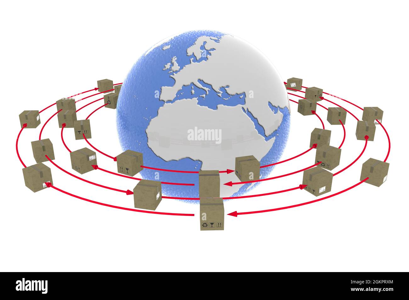 3D illustration. Shipping around the world. Parcels rotate around the ...