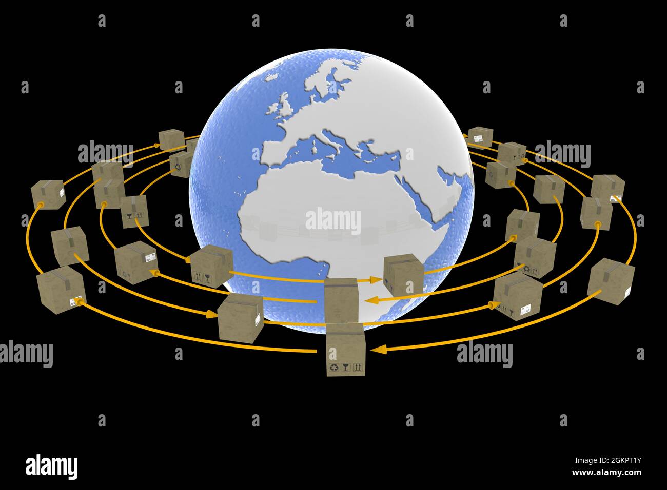 3D illustration. Shipping around the world. Parcels rotate around the ...