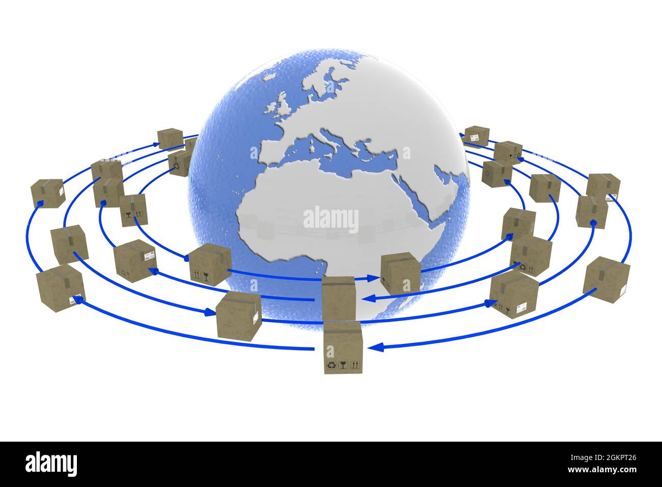 3D illustration. Shipping around the world. Parcels rotate around the ...