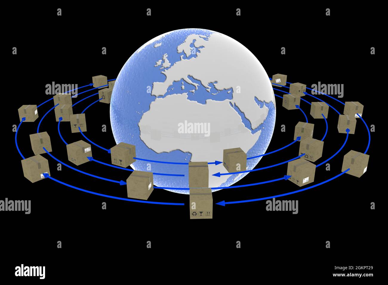 3D illustration. Shipping around the world. Parcels rotate around the ...