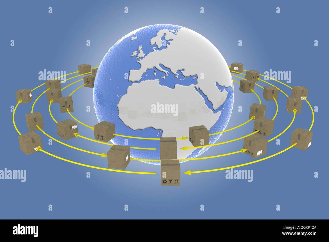3D illustration. Shipping around the world. Parcels rotate around the ...