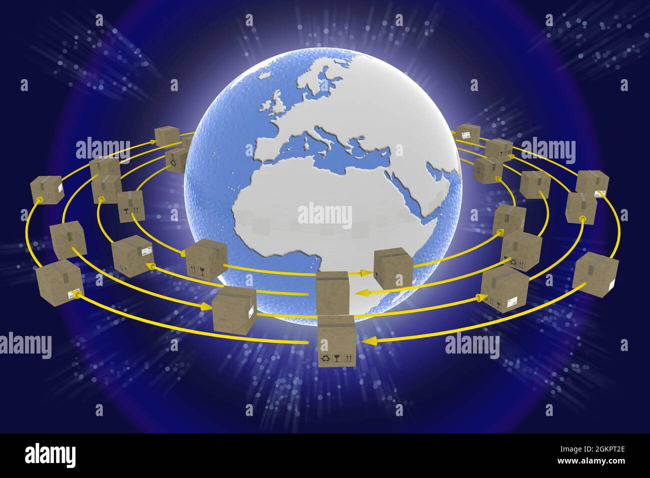 3D illustration. Shipping around the world. Parcels rotate around the ...