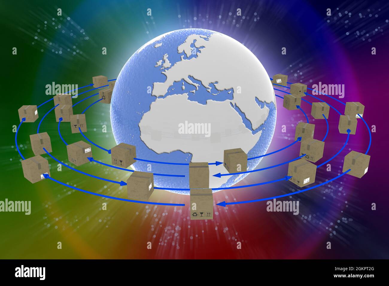 3D illustration. Shipping around the world. Parcels rotate around the ...