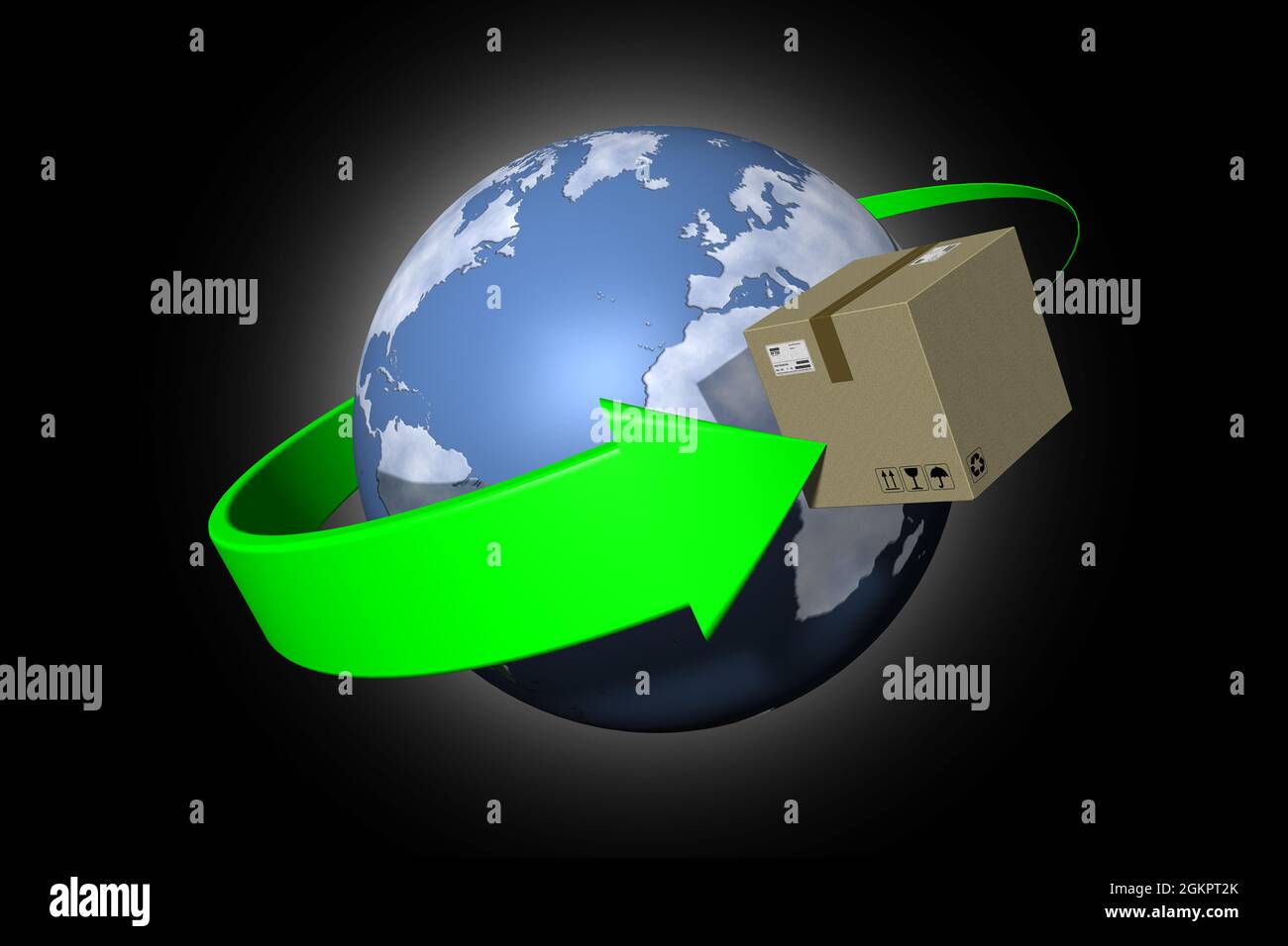 3D illustration. Shipping around the world. Parcels rotate around the ...