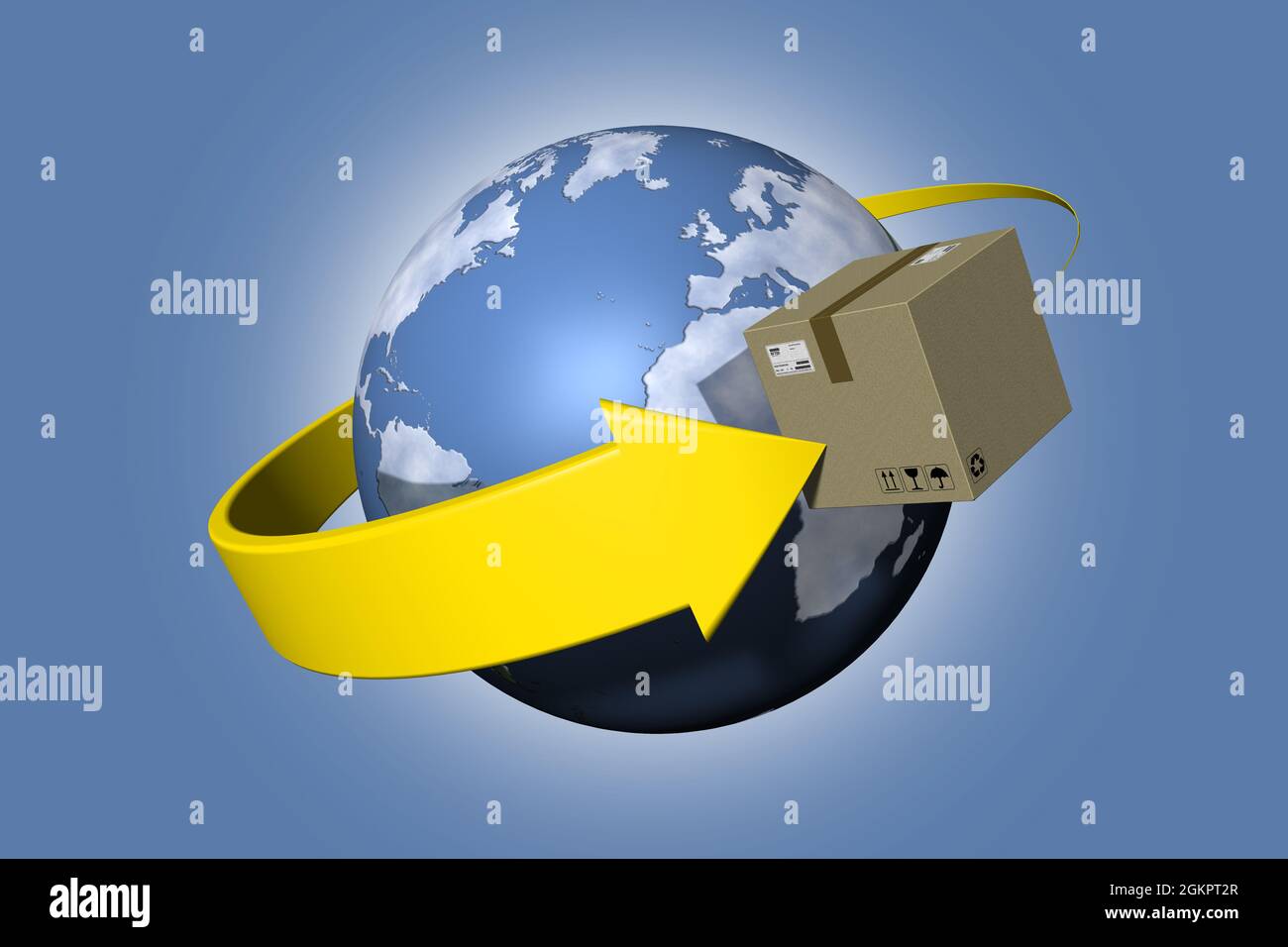 3D illustration. Shipping around the world. Parcels rotate around the ...