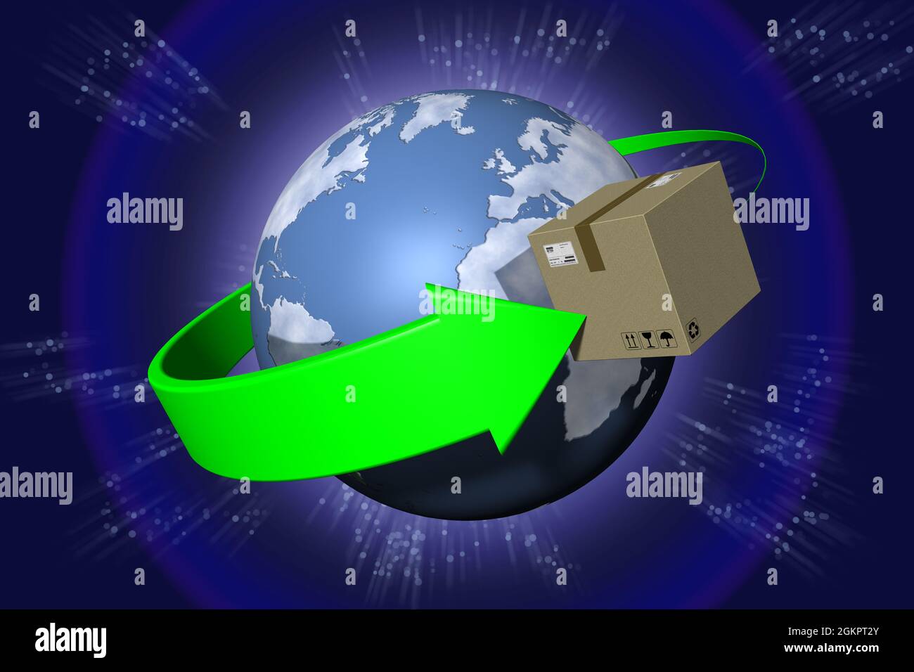 3D illustration. Shipping around the world. Parcels rotate around the ...