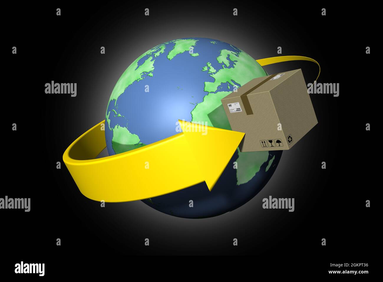3D illustration. Shipping around the world. Parcels rotate around the ...