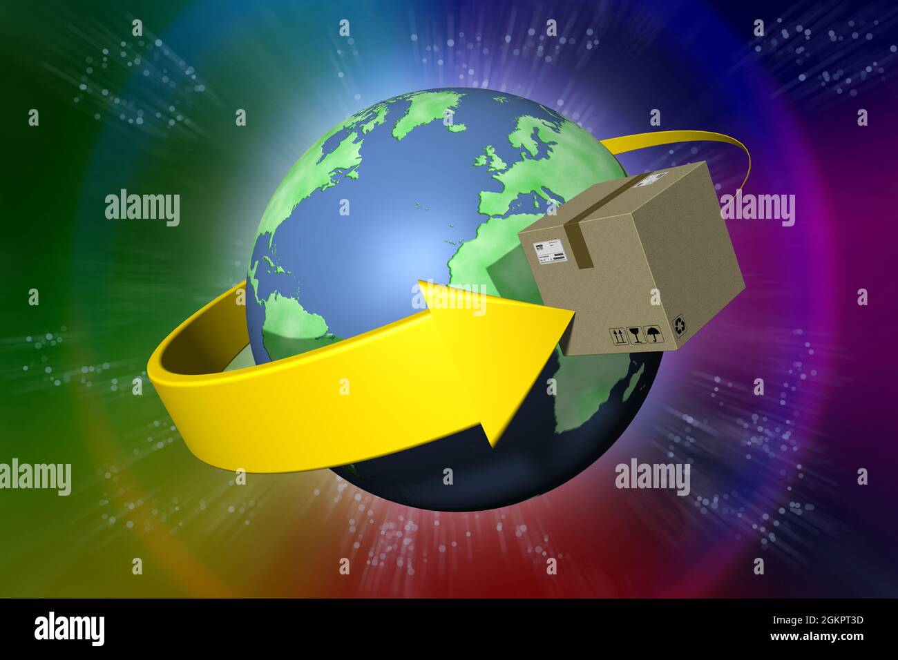 3D illustration. Shipping around the world. Parcels rotate around the ...